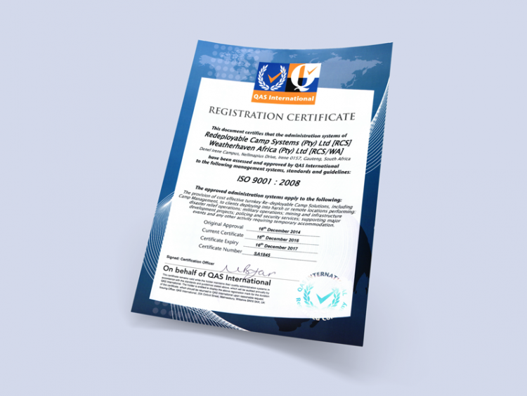 We Are ISO 9001: 2015 Certified - RCS Redeployable Camp Systems
